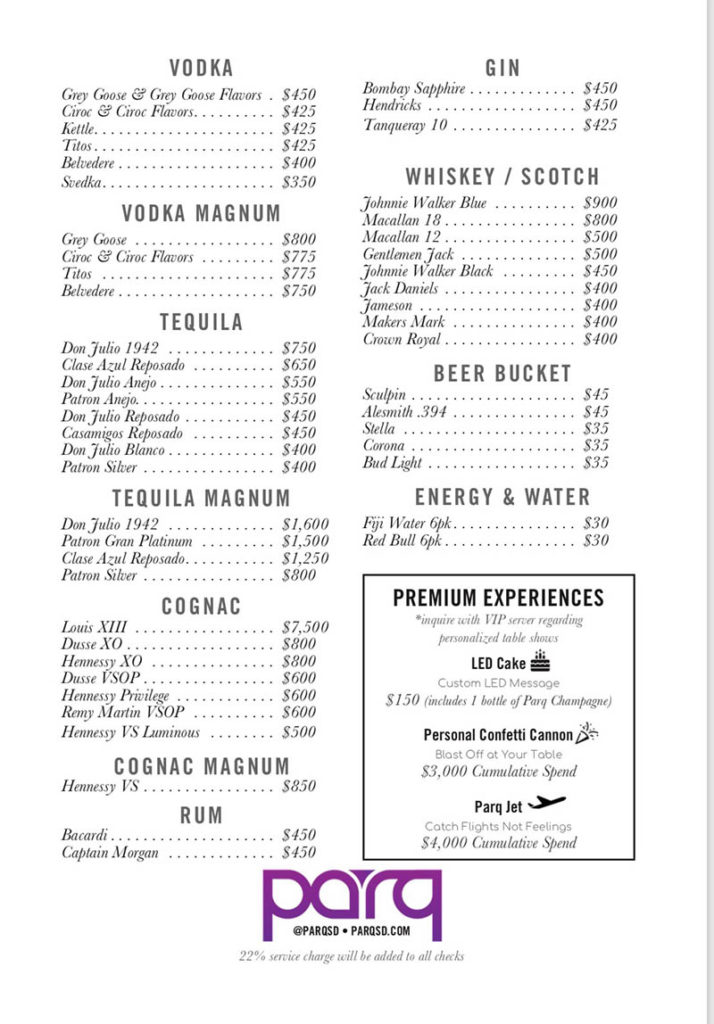 Parq Nightclub Table Service | Bottle Pricing & Reservations