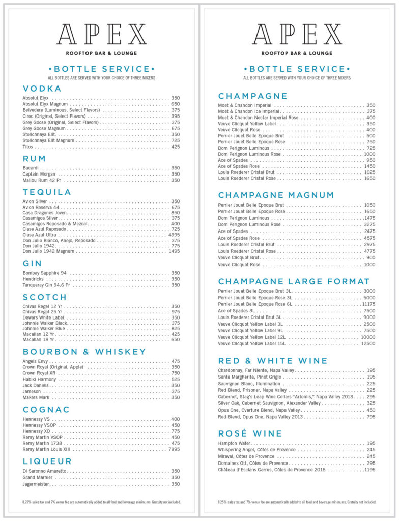 Apex Social Club Table Service | Bottle Pricing & Reservations